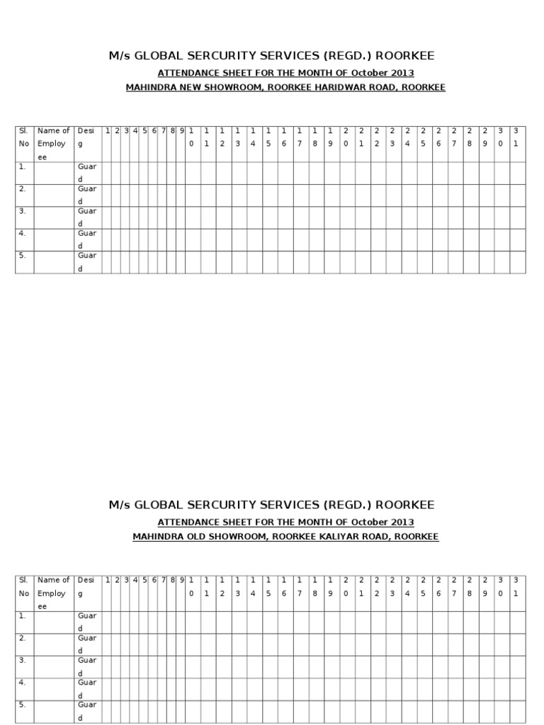 October 2013 Attendance - Security Guards | PDF | Business