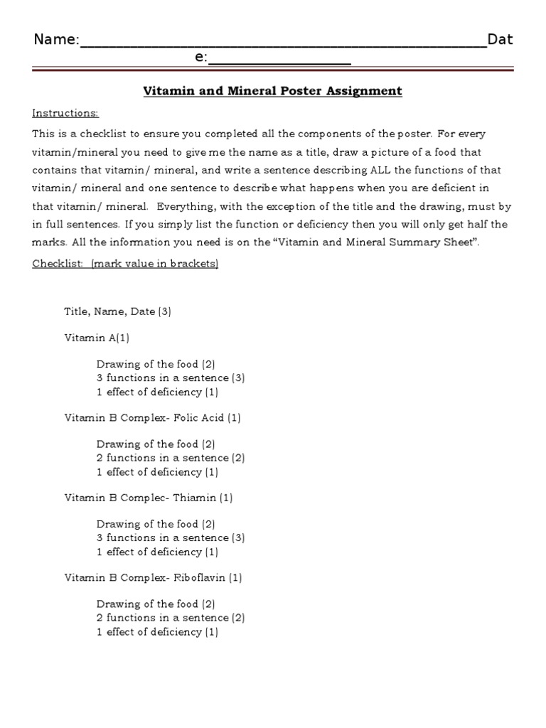 Vitamin and Mineral Poster Assignment | PDF | Vitamin | Essential Nutrients