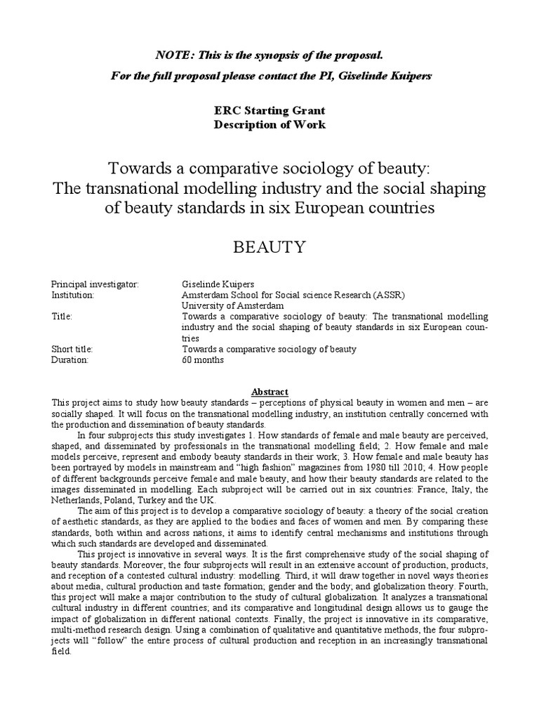 Towards a Comparative Sociology of Beauty: Examining the Transnational ...