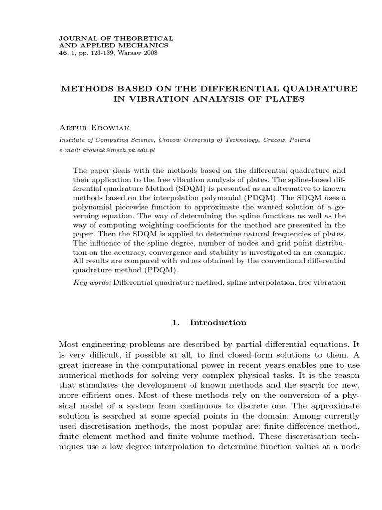 Analysis of Plate Vibrations Using Differential Quadrature Methods with Spline Interpolation ...