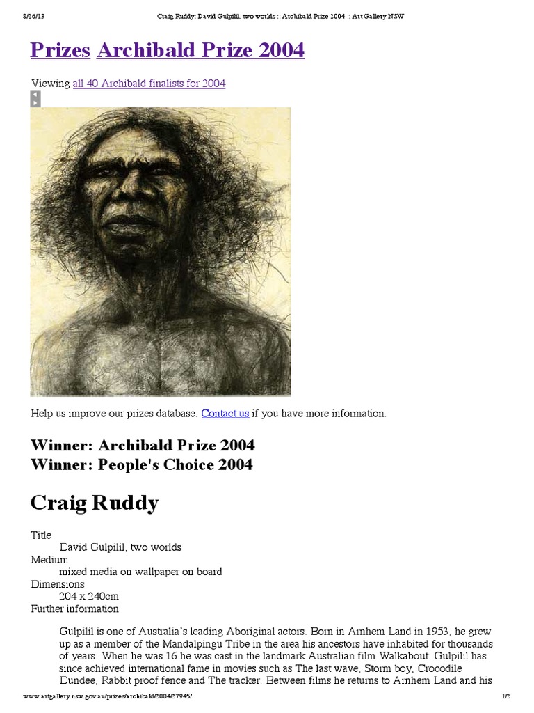 Craig Ruddy - David Gulpilil, Two Worlds - Archibald Prize 2004 - Art ...