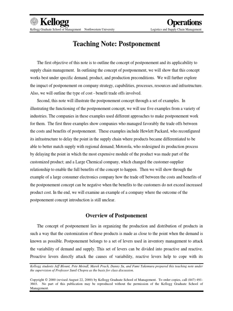 Postponement Teaching Note | PDF | Inventory | Standard Deviation