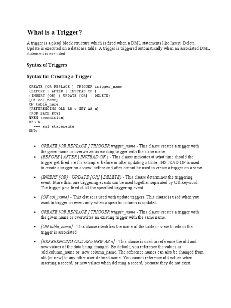 What Is A Trigger?: Syntax of Triggers Syntax For Creating A Trigger | PDF