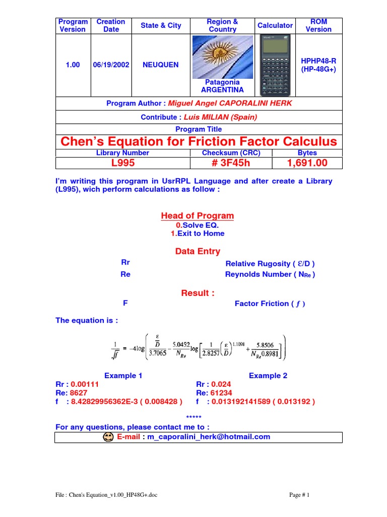 Chen's Equation For Friction Factor Calculus: Miguel Angel Caporalini ...