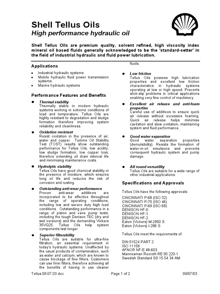 Shell Tellus Oils: High Performance Hydraulic Oil | PDF | Mechanical ...