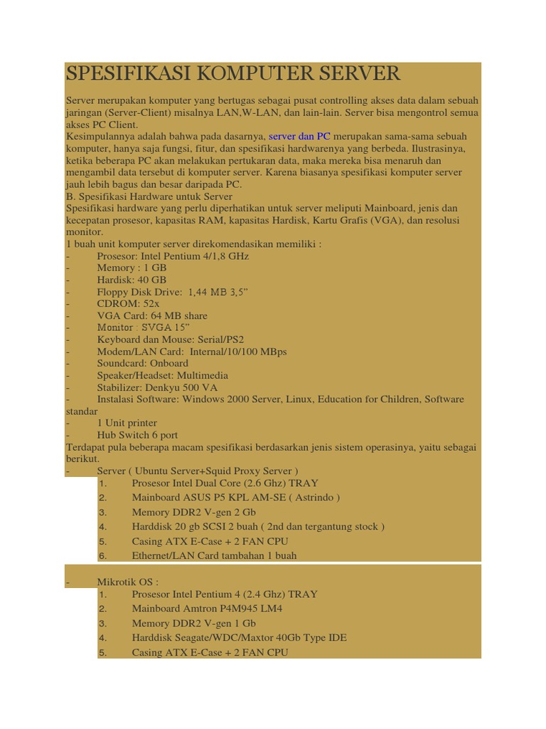 Spesifikasi Komputer Server | PDF