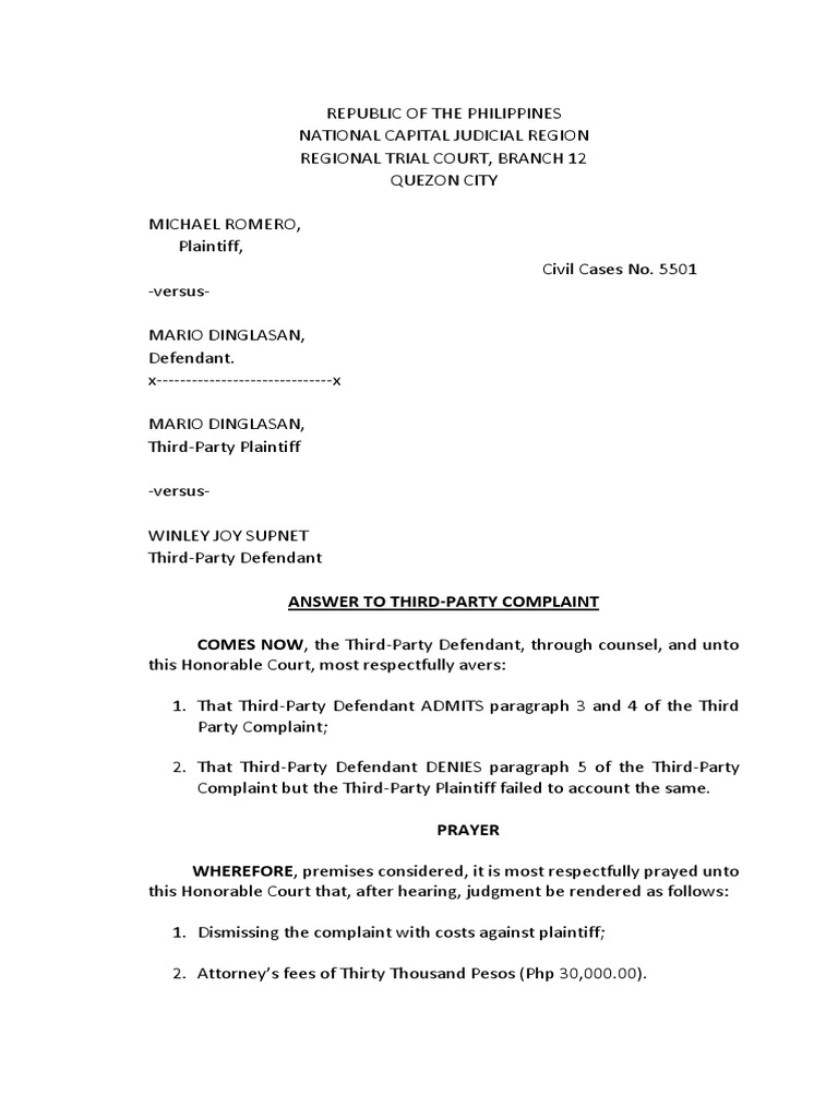 Answer To Third-Party Complaint COMES NOW, The Third-Party Defendant, Through Counsel, and Unto ...