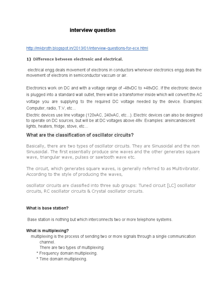 Interview Questions for ECE students | Electronic Oscillator | Code Division Multiple Access