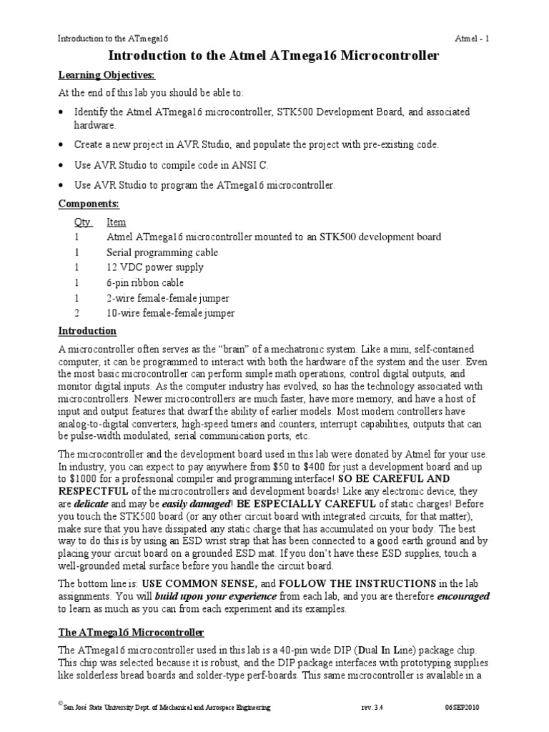 Introduction To The Atmel Atmega16 Microcontroller: Learning Objectives | PDF | Classes Of ...
