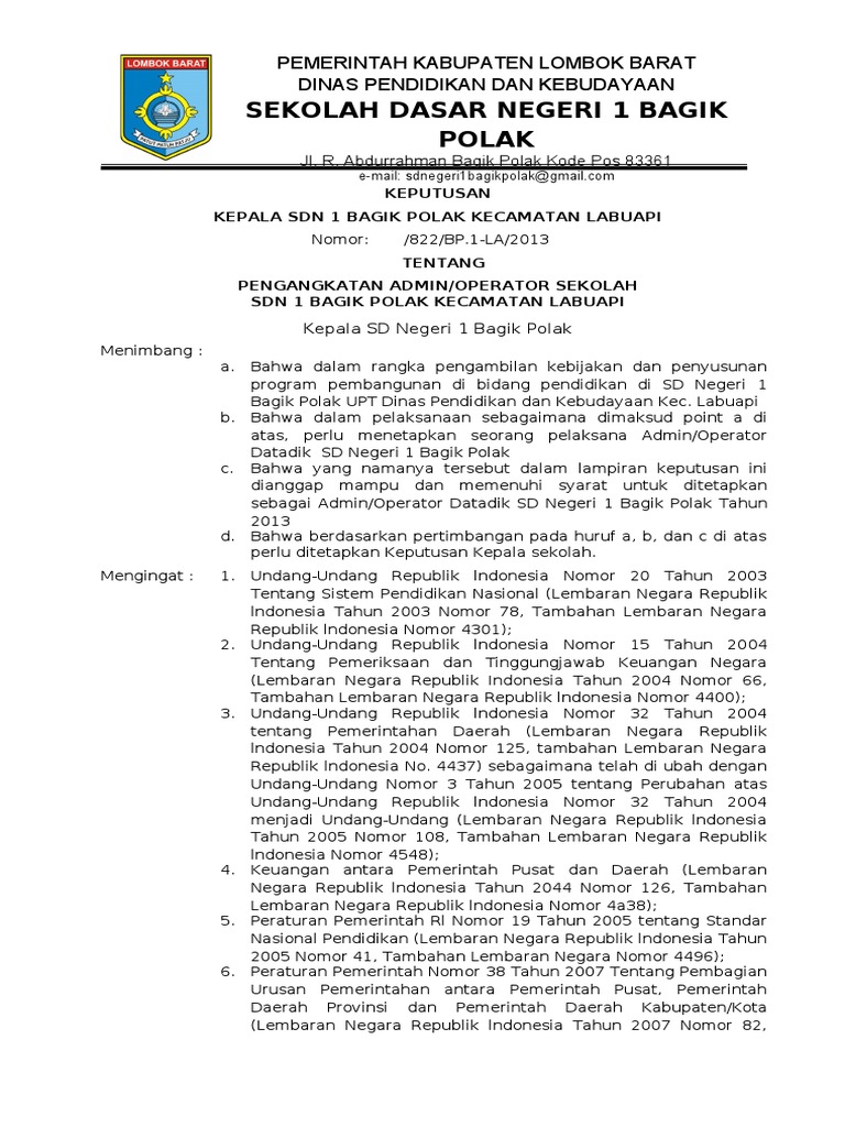 Contoh SK Operator Sekolah | PDF
