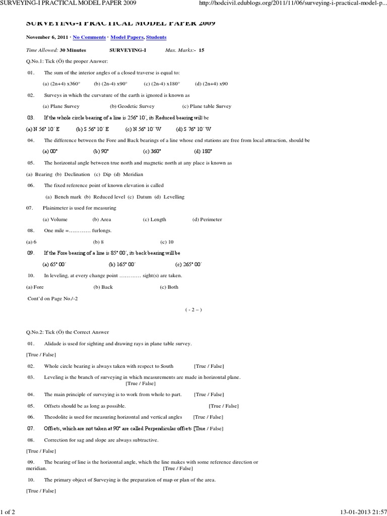 Surveying-I Practical Model Paper 2009 | PDF | Surveying | Infographics