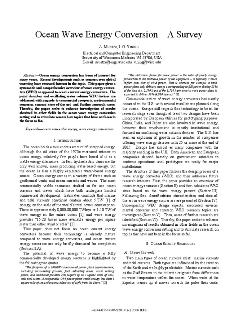 Ocean Wave Energy Conversion - A Survey | PDF | Tide | Wind Power