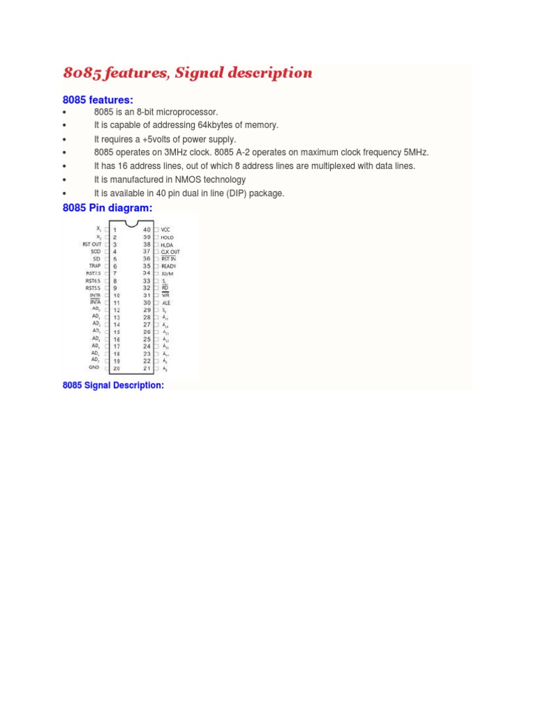 8085 Features, Signal Description | Download Free PDF | Input/Output | Central Processing Unit