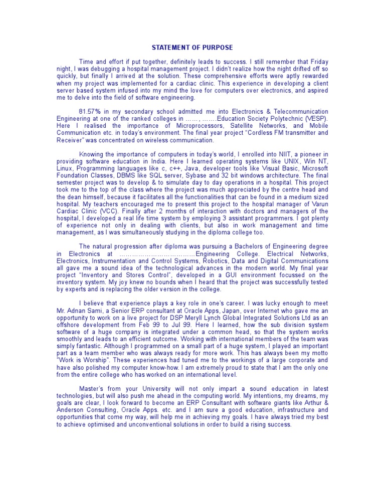 Sample Statement of Purpose Computer Engineering (SOP) | PDF ...
