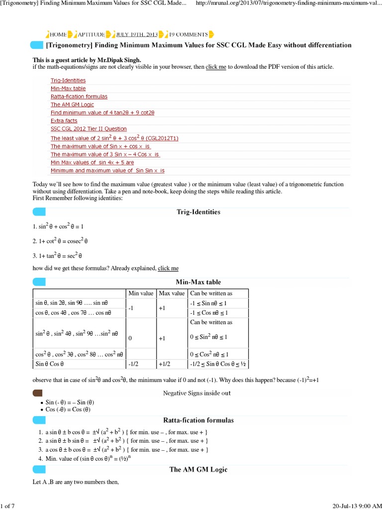Maxima and Minima in Trigonometry | PDF | Trigonometric Functions | Sine