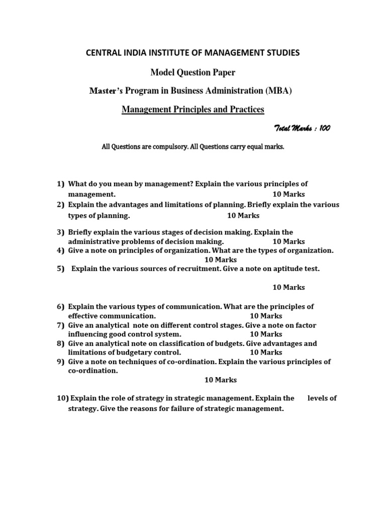Model Question Paper MBA | PDF | Consumer Behaviour | Strategic Management