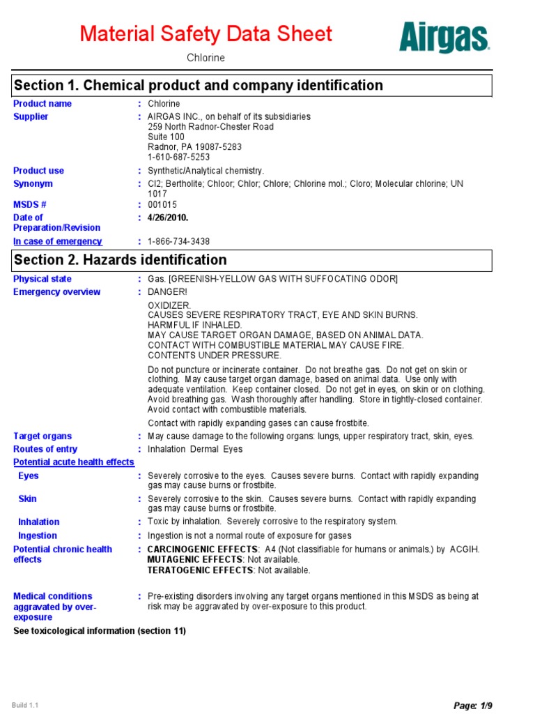Msds Chlorine | PDF | Toxicity | Dangerous Goods