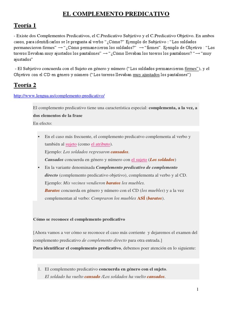 EA. COMPLEMENTO PREDICATIVO. T y Práctica CON SOLUCIONES | PDF | Verbo | Mecánica del lenguaje