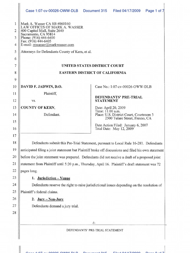 Kern County Defendants' Pre-Trial Statement | PDF | Discovery (Law) | Deposition (Law)