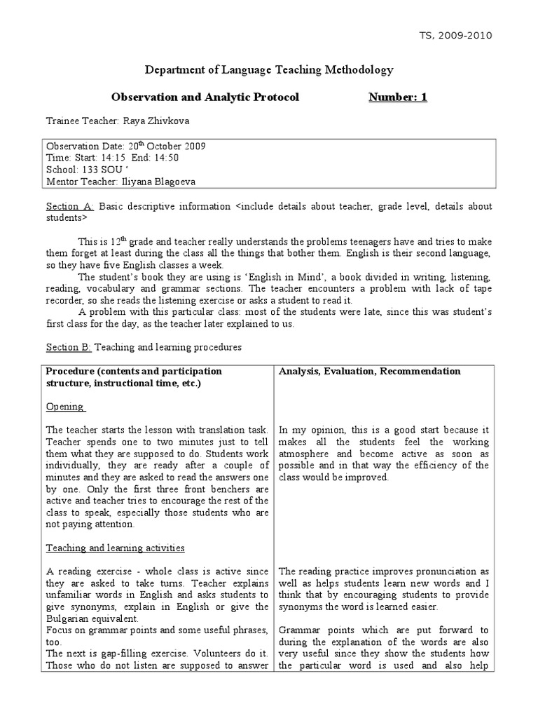 Observation Protocol 1 | English Language | Language Education
