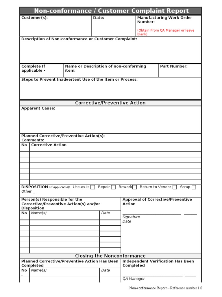 Non-Conformance Report Template | PDF