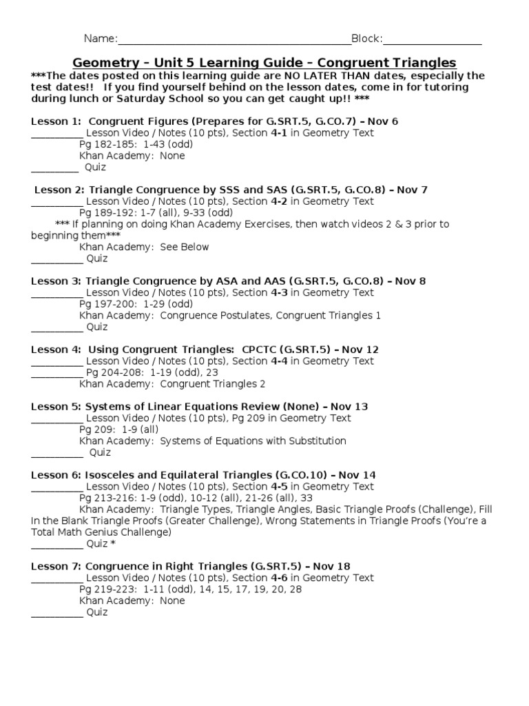 Unit 5 Congruent Triangles Learning Guide | PDF | Teaching Methods ...
