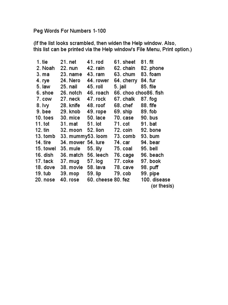 Peg Words For Numbers | PDF