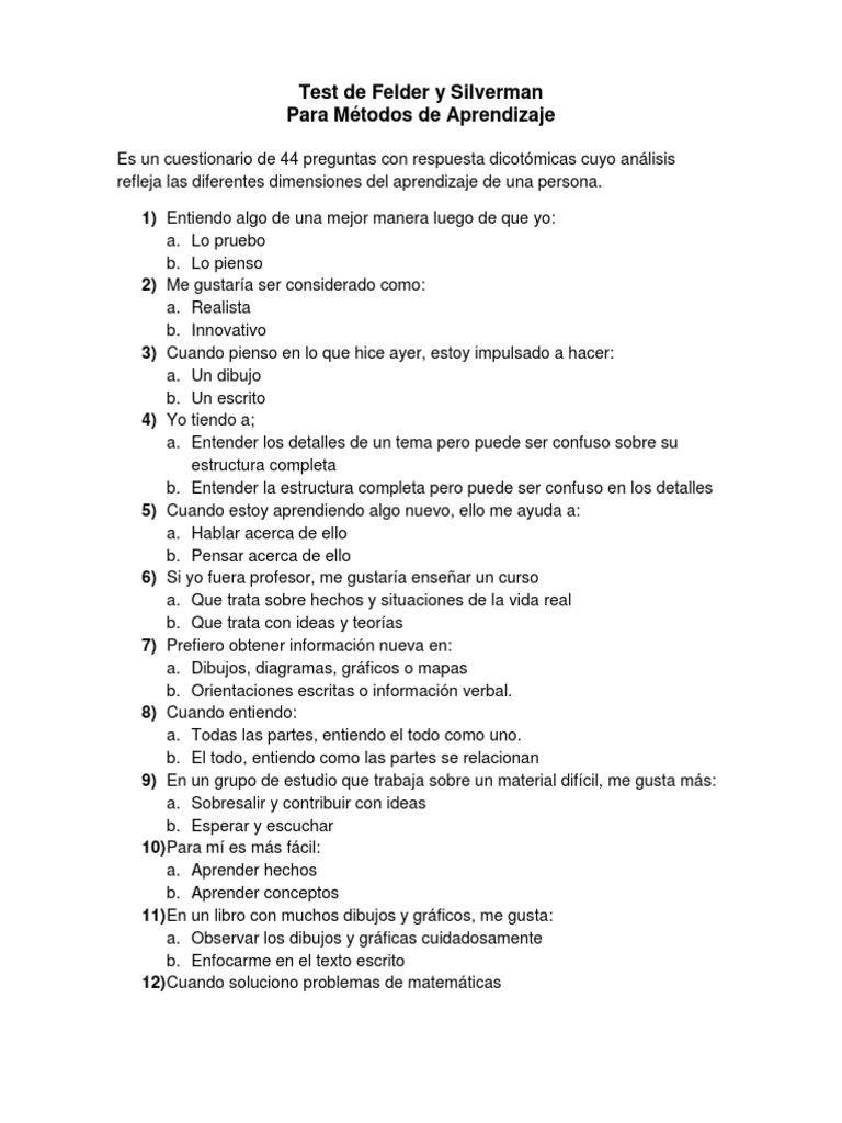 Test de Felder y Silverman | PDF | Aprendiendo estilos | Aprendizaje