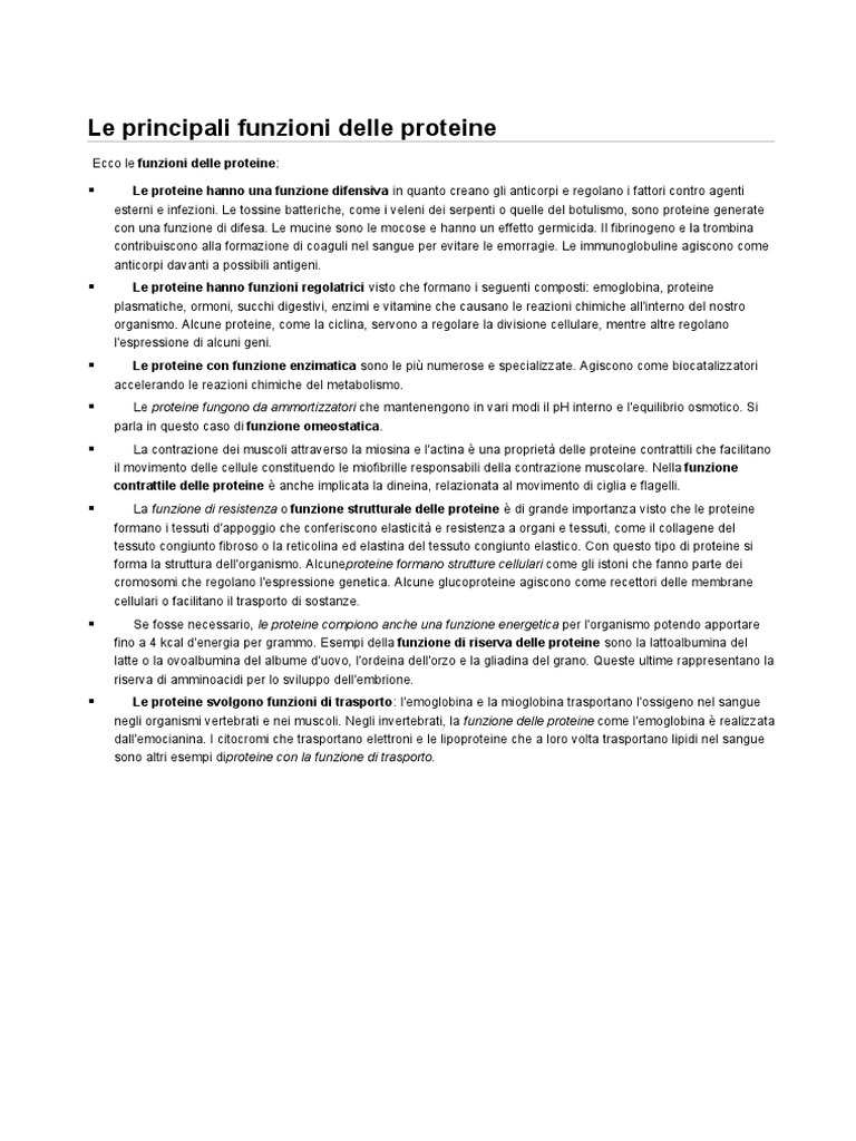 Le Principali Funzioni Delle Proteine | PDF