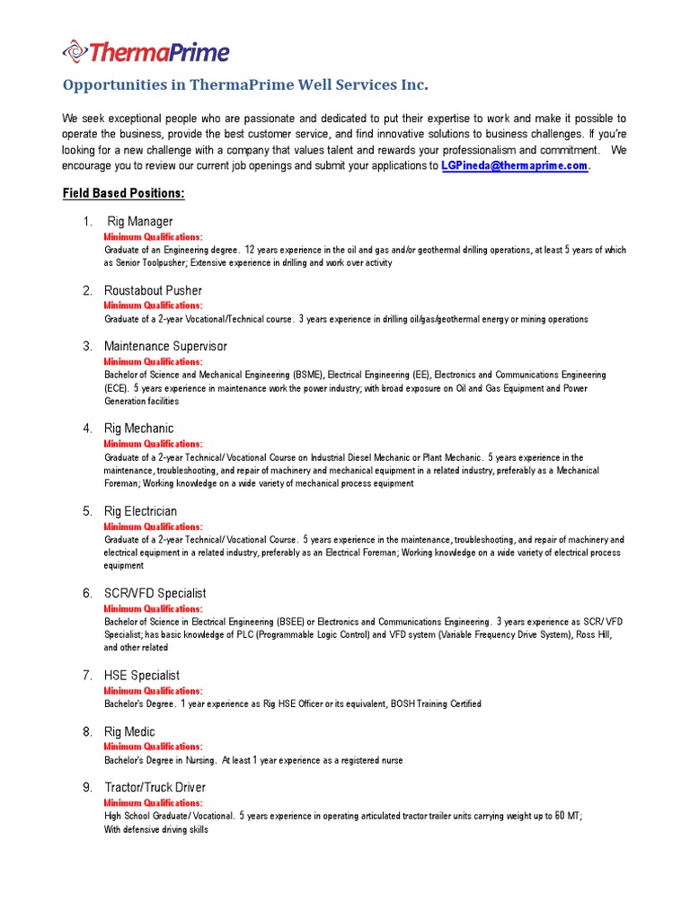 Job Openings Therma Prime | PDF | Engineering | Human Resource Management