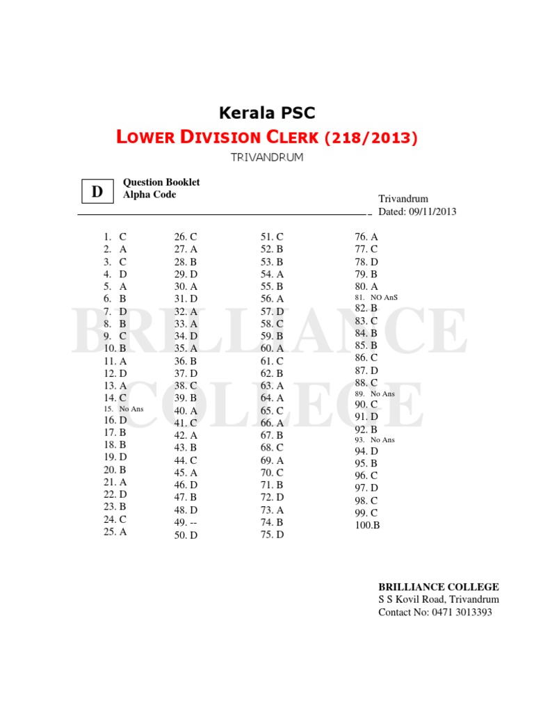 Kerala PSC Lower Division Clerk Answers | PDF | Teaching Methods ...