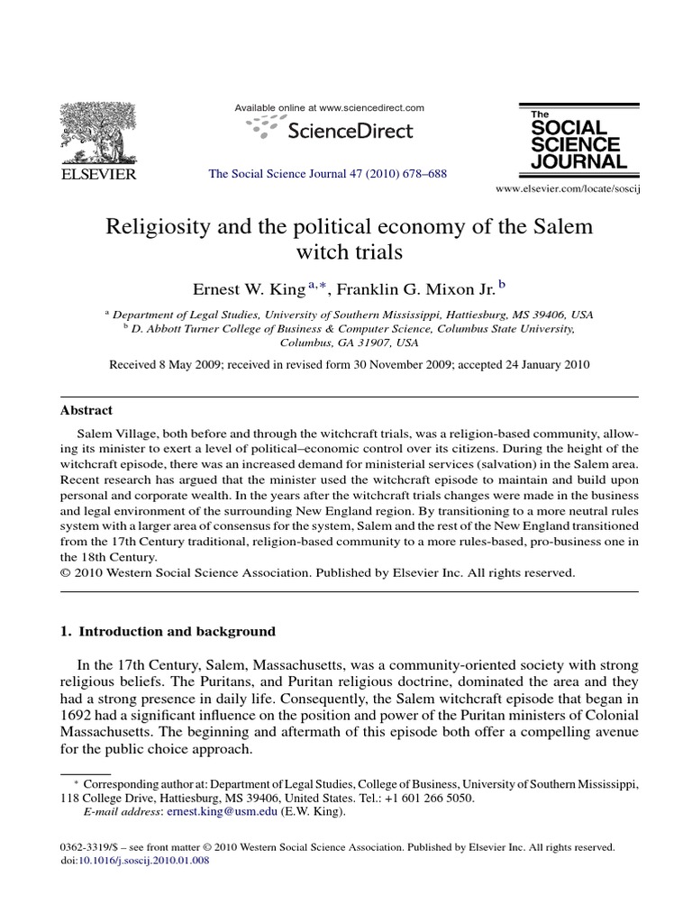 Religiosity and The Political Economy of The Salem Witch Trials | PDF ...