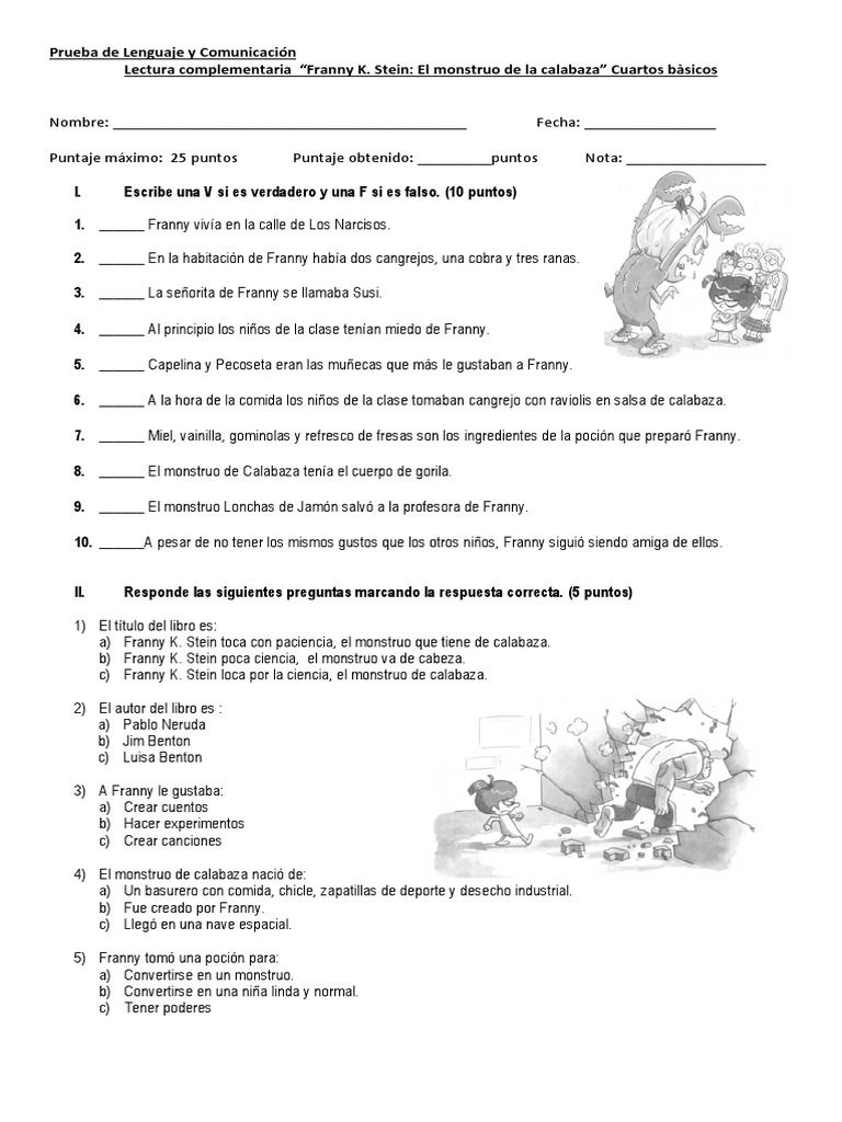Prueba-de-Franny-K-Stein, Lectura COMPLEMENTARIA 4º | PDF | Ocio