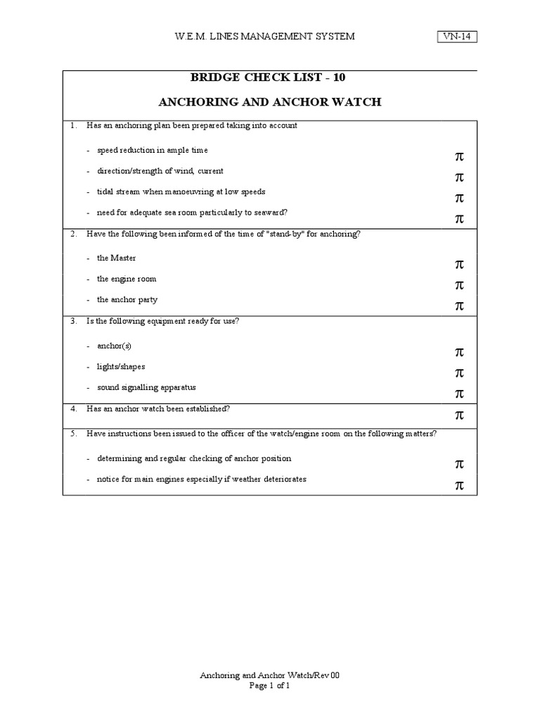 Vn-14 (Bridge Check List 10 - Anchoring and Anchor Watch) | PDF