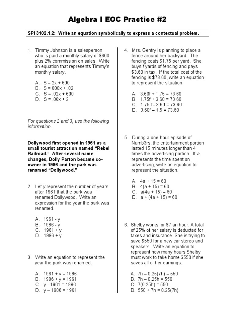 Algebra I EOC Practice Problems | PDF