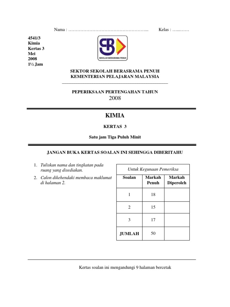 Kimia P3 SBP Mid Year SPM 2008 | PDF | Chemical Compounds | Valence ...