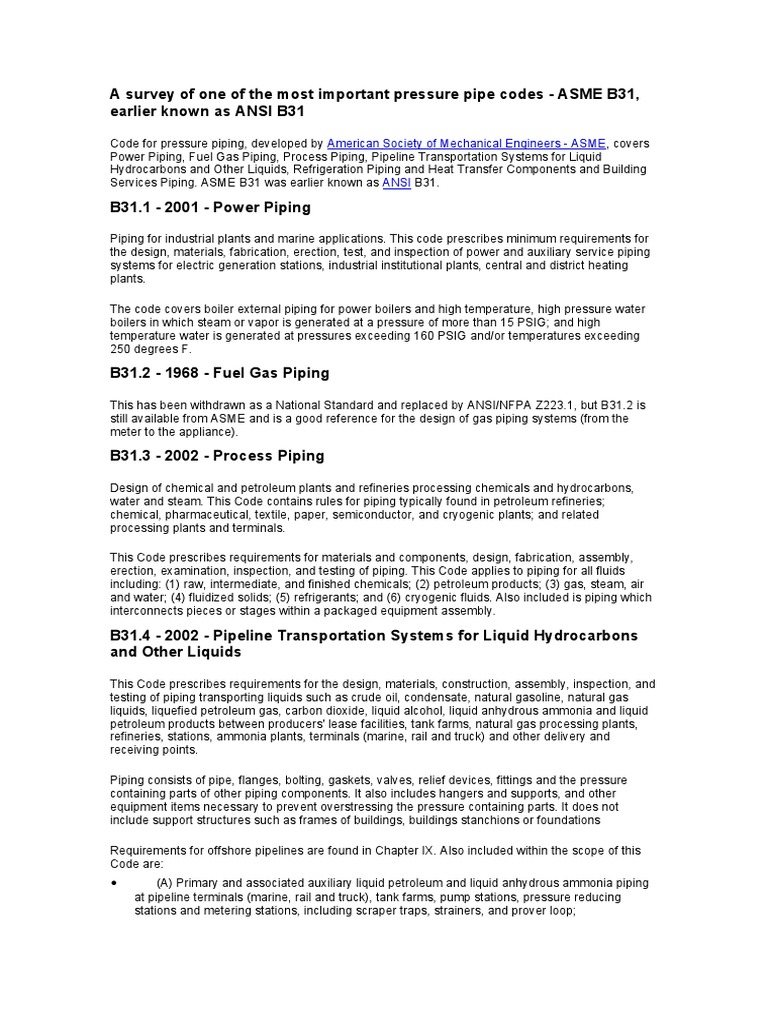 Overview of ASME B31 Pressure Piping Codes | PDF | Pipeline Transport ...