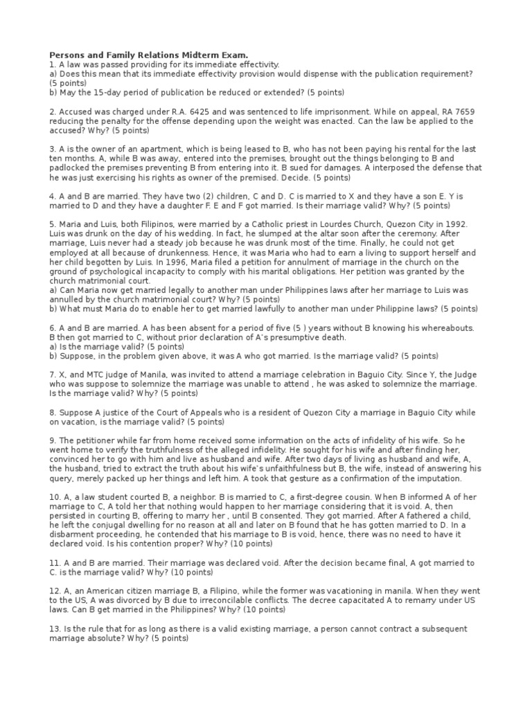 Persons and Family Relations Sample Midterm Exam | PDF | Marriage ...