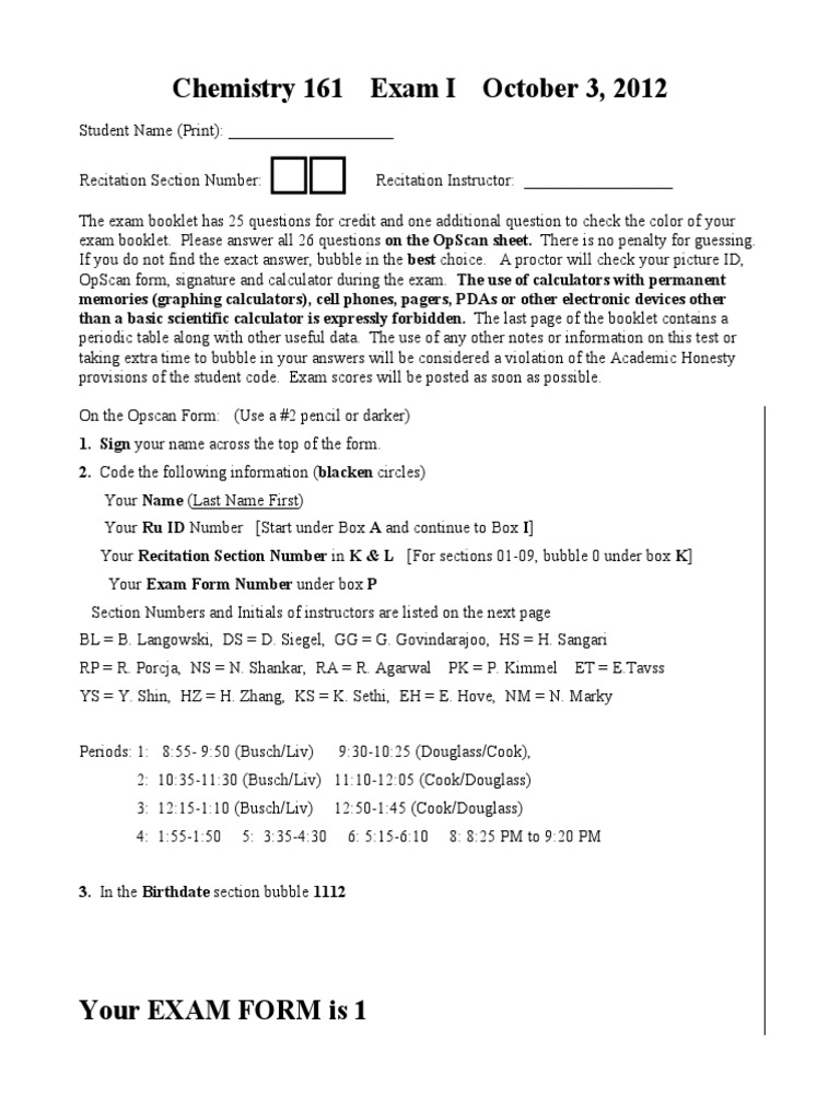 Chemistry Final Exam 1 - 2012 | Ion | Litre