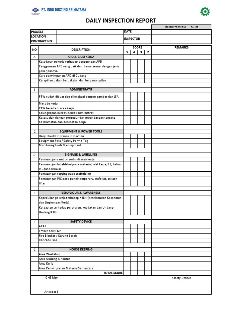 Daily Inspection Report (10) Rev 00 | PDF | Teknologi & Rekayasa