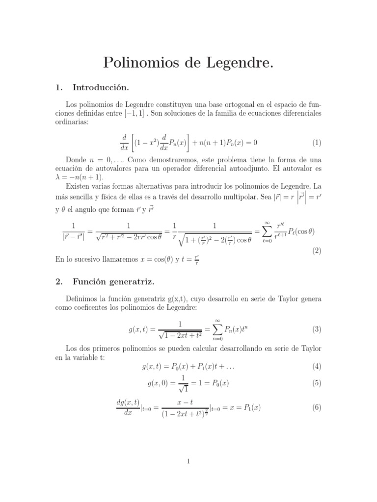 Polinomios de Legendre: una introducción a través de su ecuación diferencial, propiedades y ...