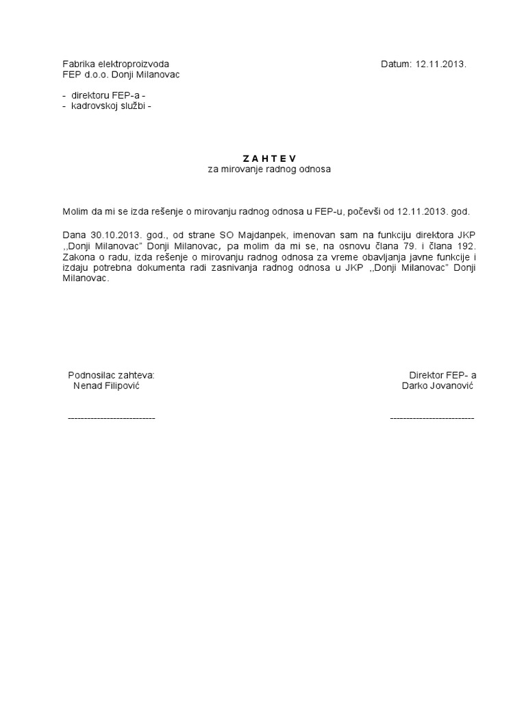 Zahtev Za Mirovanje Radnog Odnosa | PDF