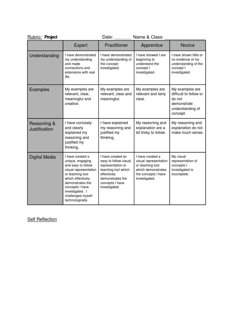 Rubric: Project Date: Name & Class: - Expert Practitioner Apprentice ...