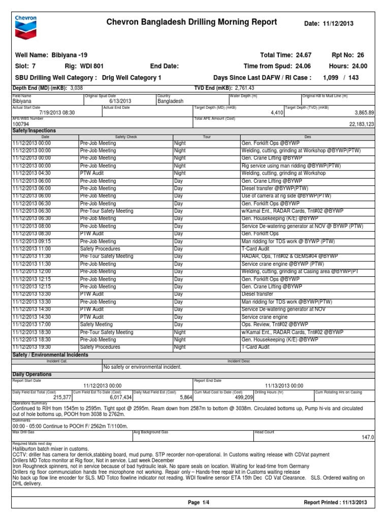 Chevron Bangladesh Drilling Morning Report: Date: 11/12/2013 | PDF ...