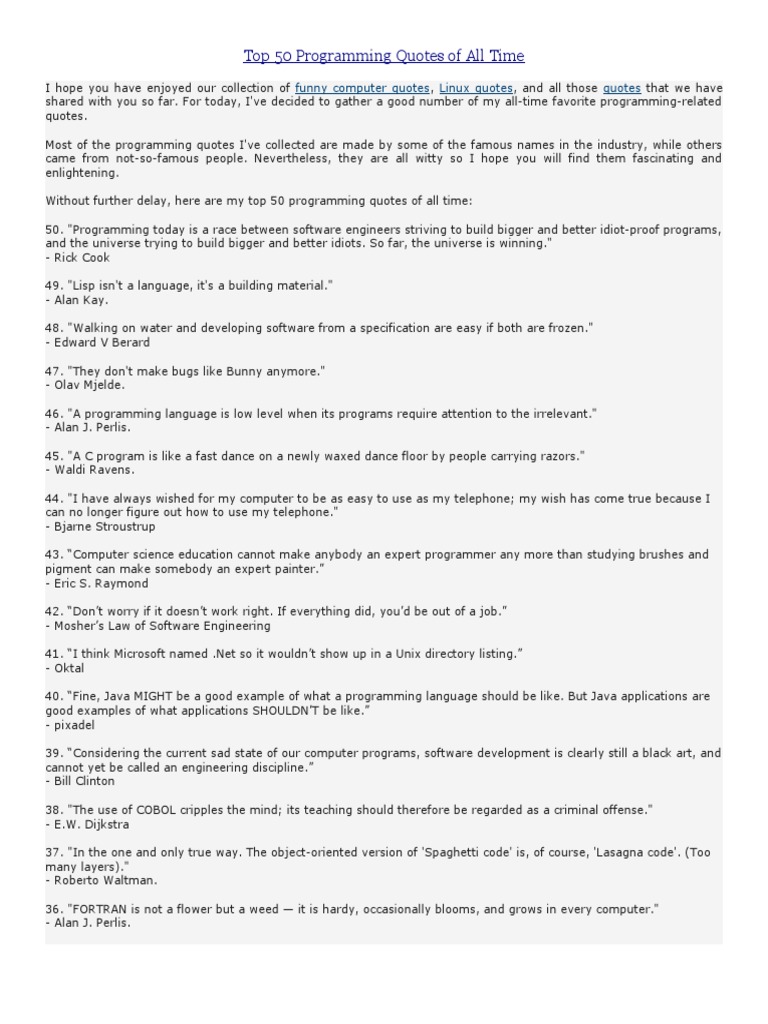 Top 50 Programming Quotes of All Time | PDF | Debugging | Programmer
