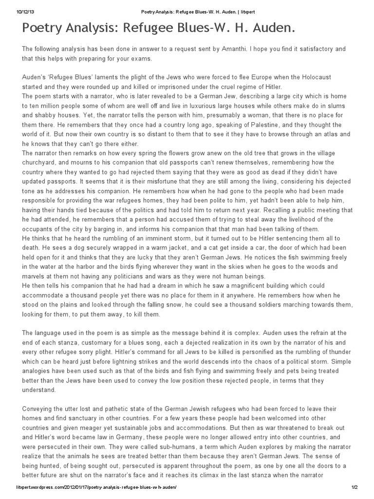 Poetry Analysis - Refugee Blues-W. H. Auden | PDF | Poetry | History Of ...