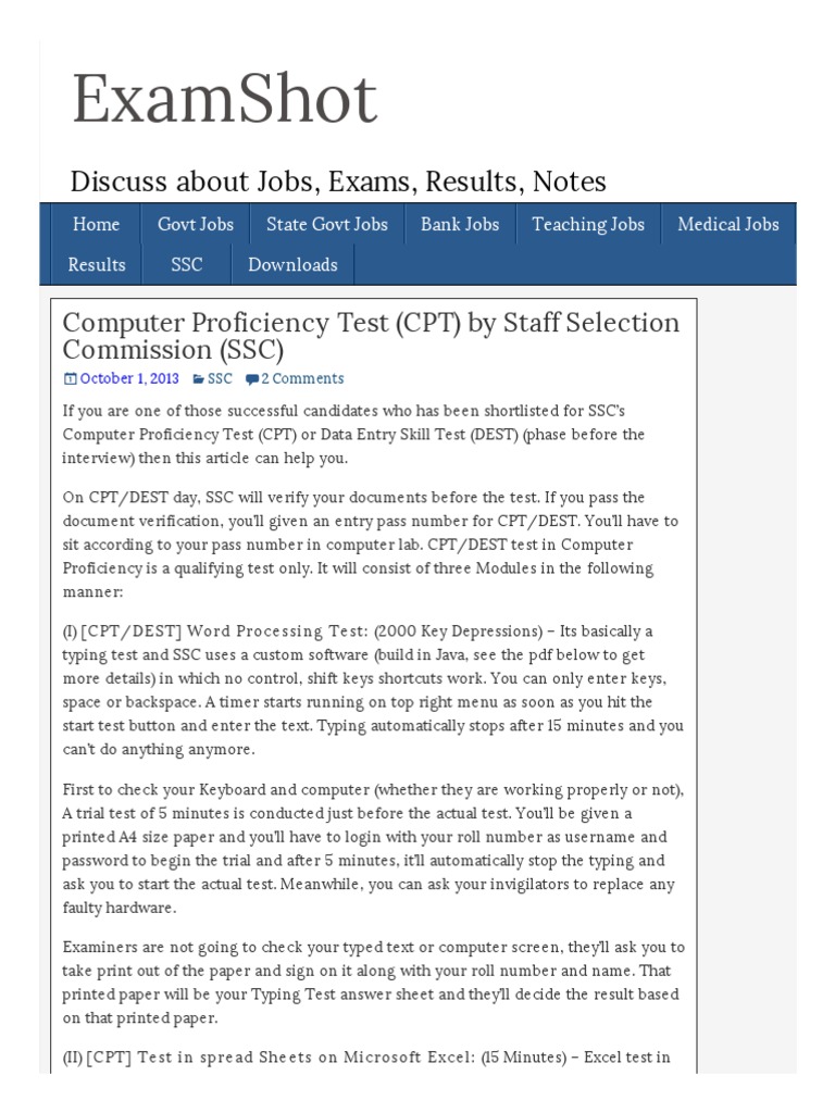 Computer Proficiency Test (CPT) by Staff Selection Commission (SSC ...
