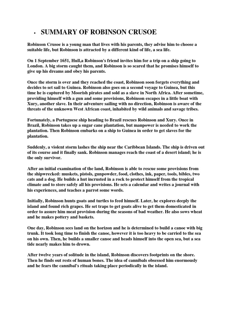 Summary of Robinson Crusoe | PDF | Robinson Crusoe | Cannibalism