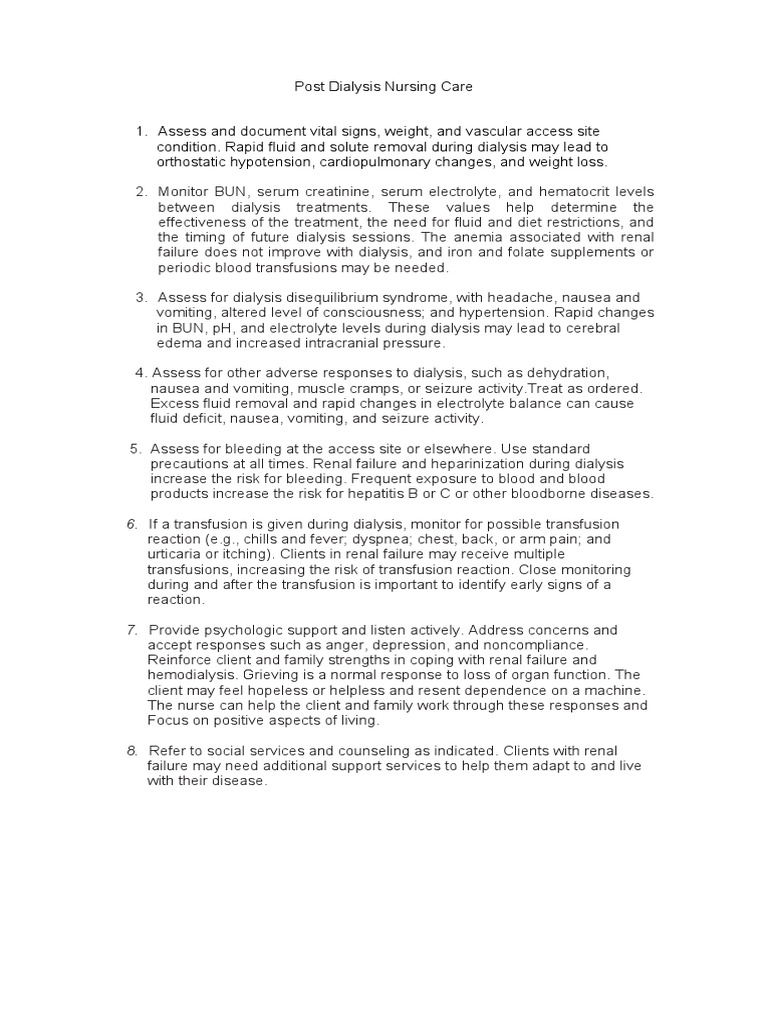 Post Dialysis Nursing Care | PDF | Dialysis | Hemodialysis