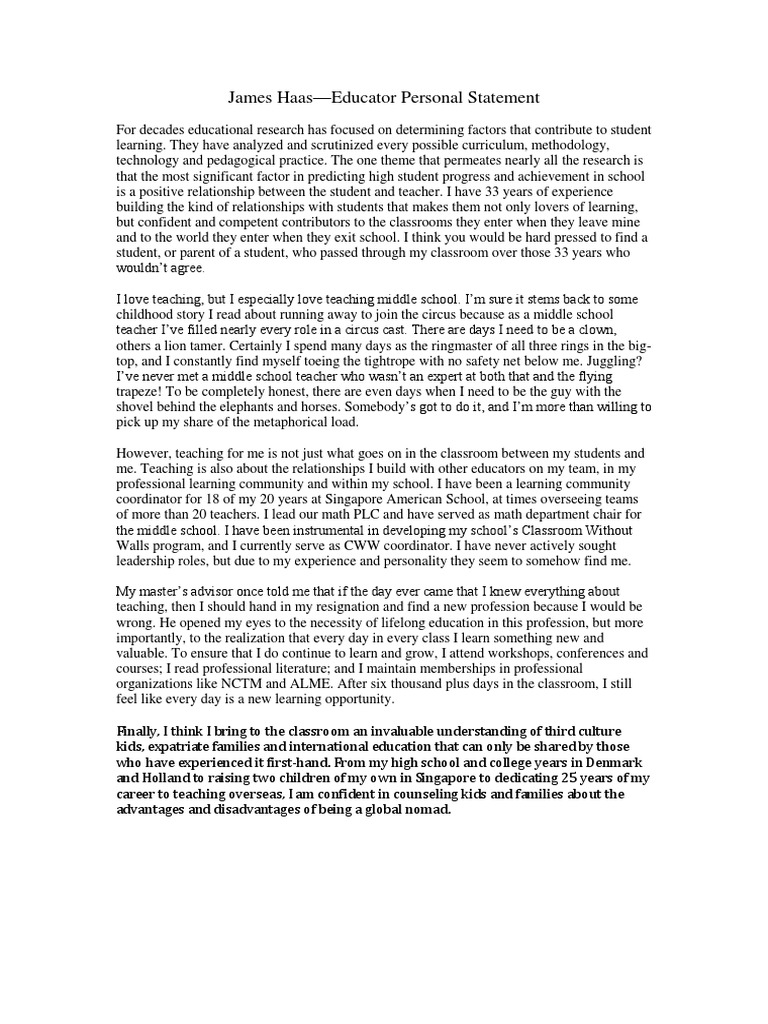 James Haas-Educator Personal Statement | PDF | Quality Of Life | Teachers